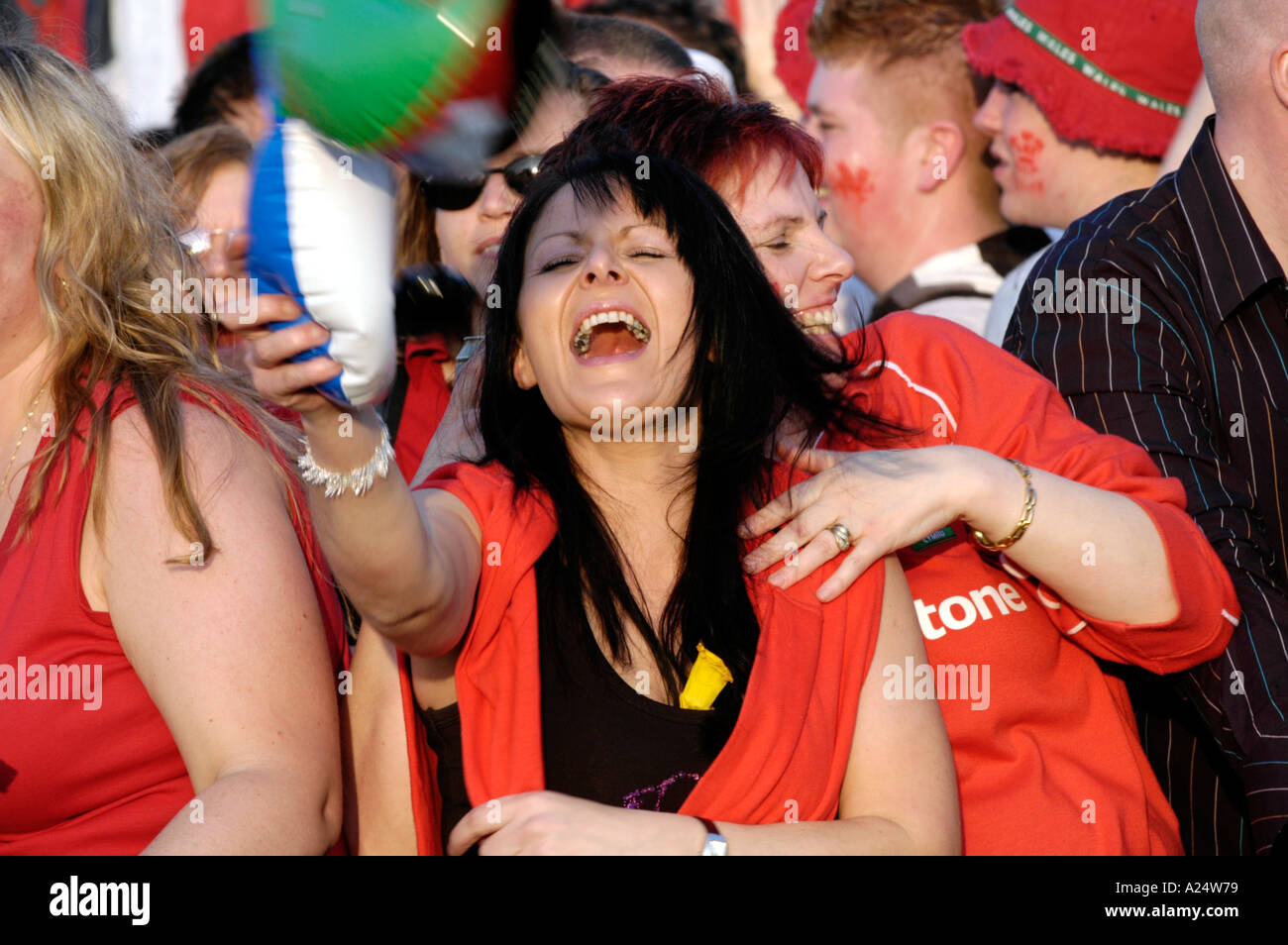 Female Welsh rugby fans celebrate Wales winning an international match ...