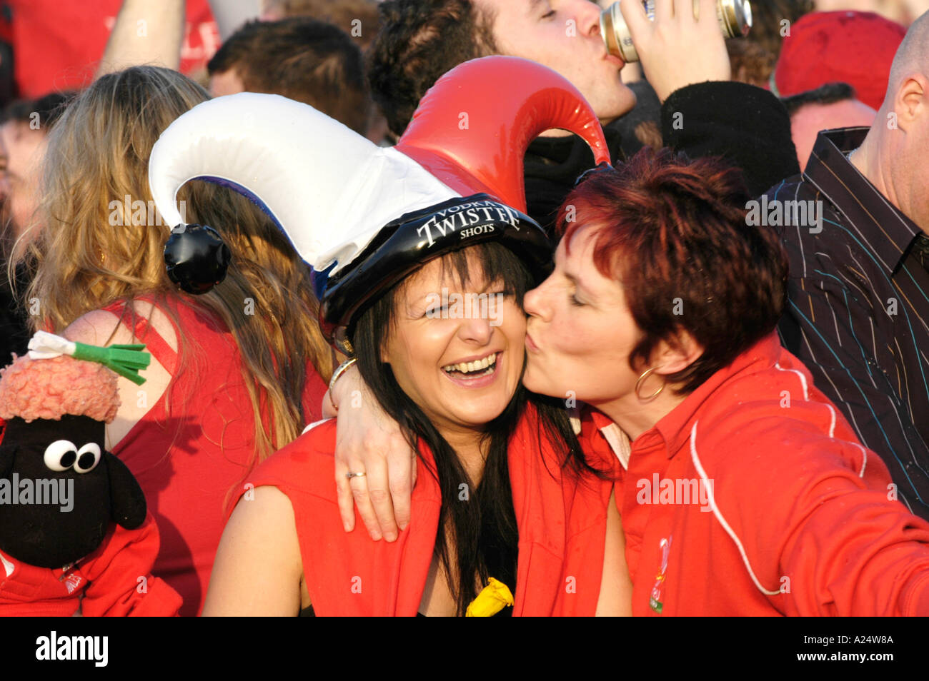 Female Welsh rugby fans celebrate Wales winning an international match ...