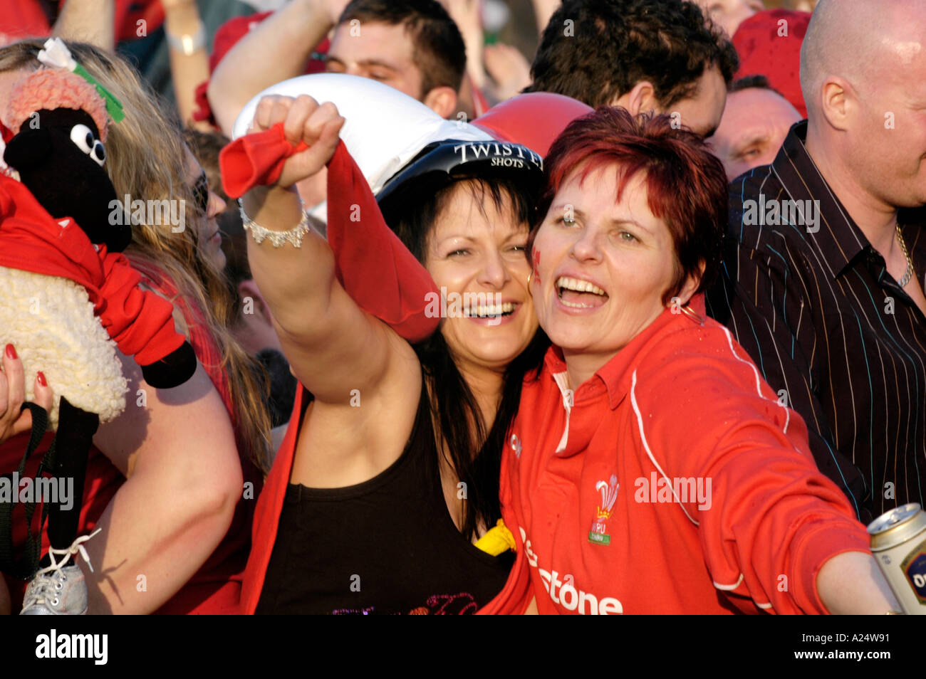 Female Welsh rugby fans celebrate Wales winning an international match ...