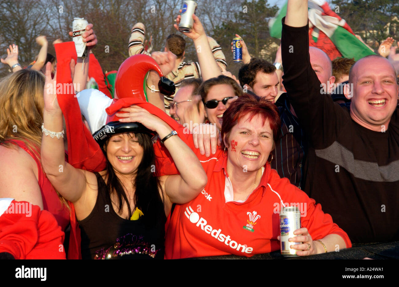 Female Welsh rugby fans celebrate Wales winning an international match ...