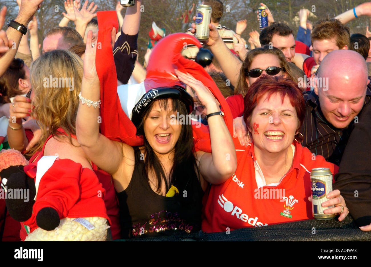 Female Welsh rugby fans celebrate Wales winning an international match ...