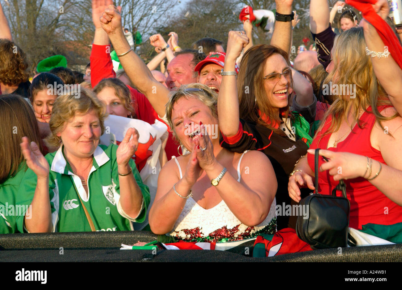 Female Welsh rugby fans celebrate Wales winning an international match ...