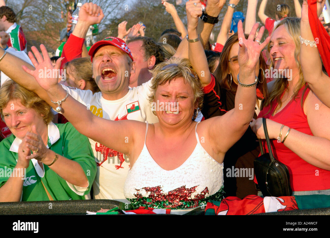 Female Welsh rugby fans celebrate Wales winning an international match ...