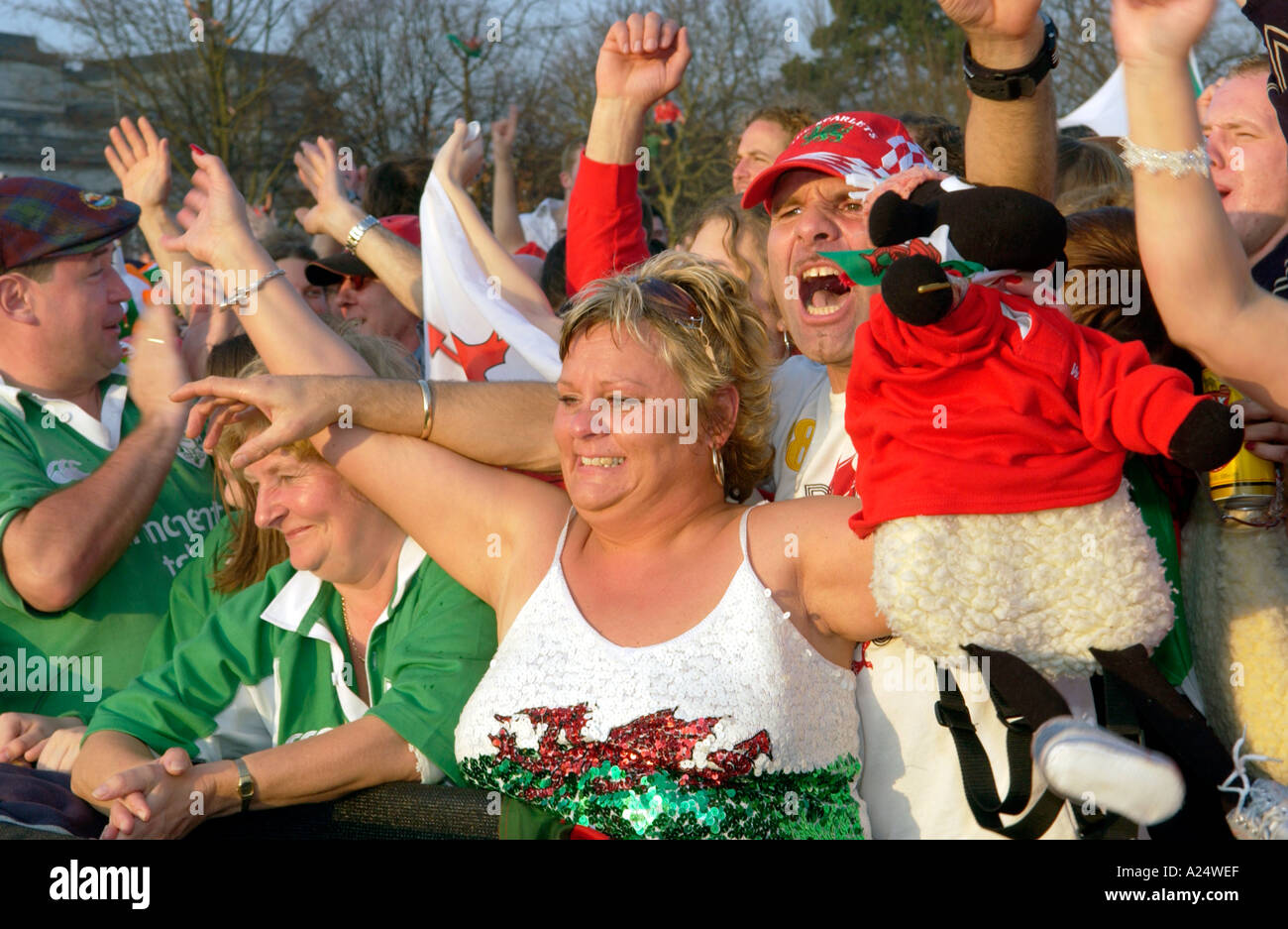 Female Welsh rugby fans celebrate Wales winning an international match ...