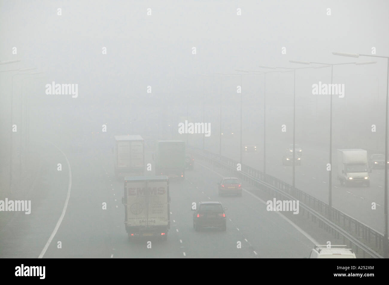 Vehicles driving in freezing fog, on the M1 motorway near Loughborough ...