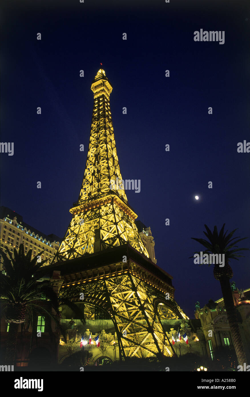 PARIS LAS VEGAS HOTEL AND CASINO REPLICA OF THE EIFFEL TOWER ILLUMINATED AT NIGHT, LAS VEGAS ...