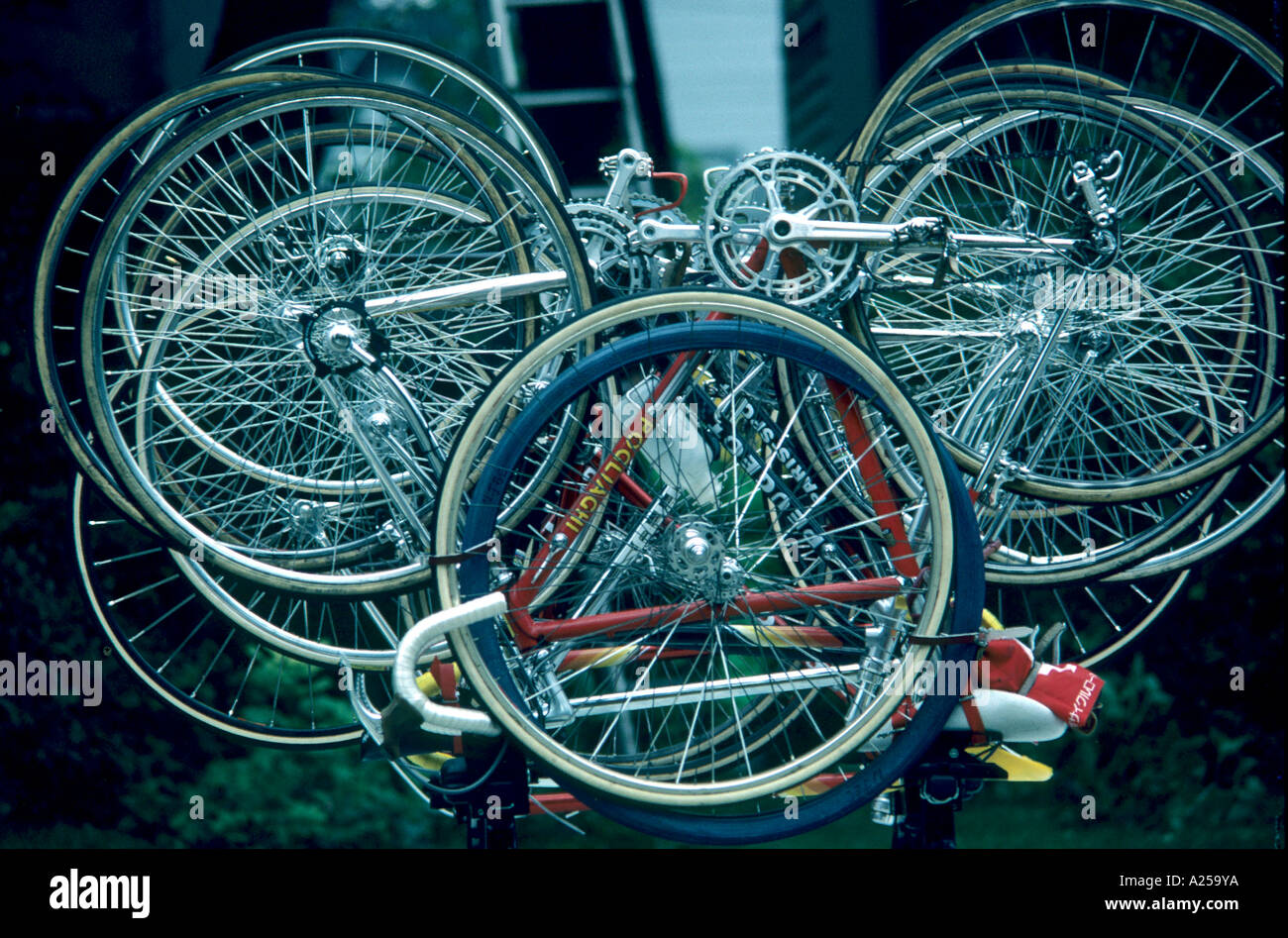 bicycles stacked together before being loaded onto transport Stock ...