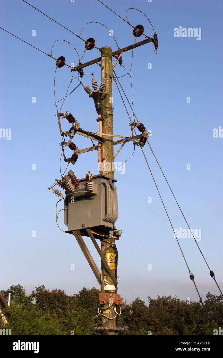 Power cables and transformer on supporting pole Stock Photo - Alamy