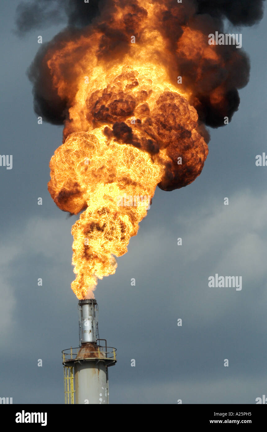 Intense hot fires burning from oil refinery flares Stock Photo - Alamy