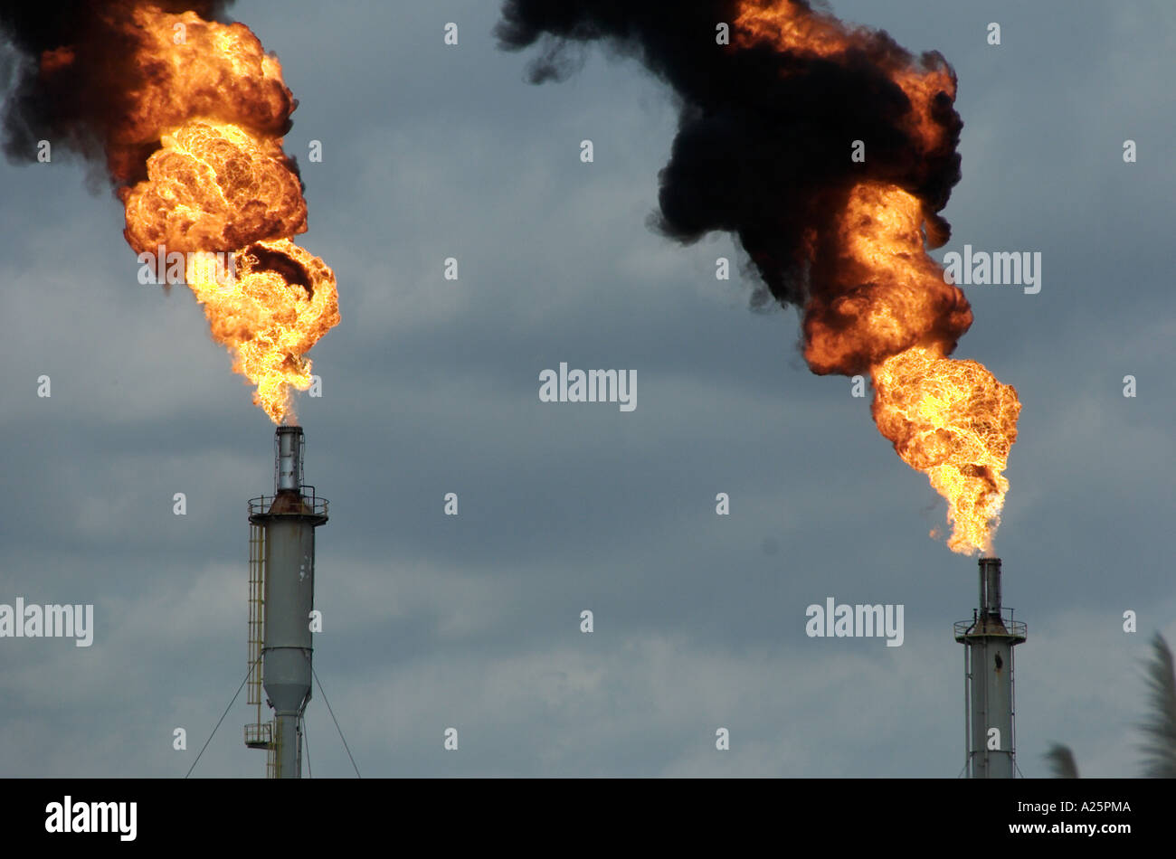 Intense hot fires burning from oil refinery flares Stock Photo - Alamy