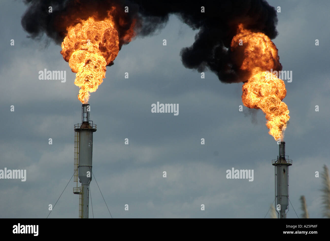 Intense hot fires burning from oil refinery flares Stock Photo - Alamy