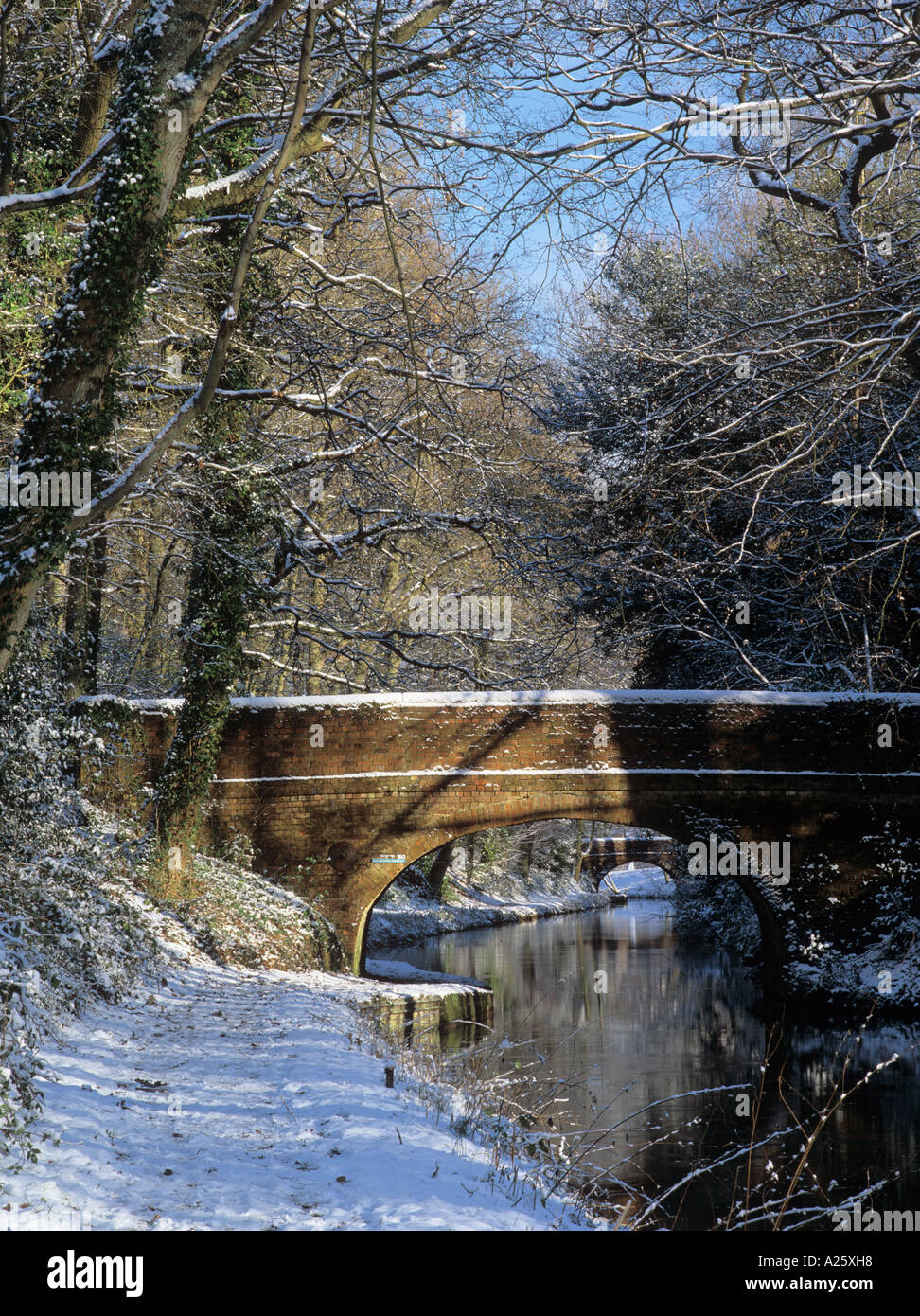 SNOW on BASINGSTOKE CANAL and tow path in winter with Bareley's bridge ...
