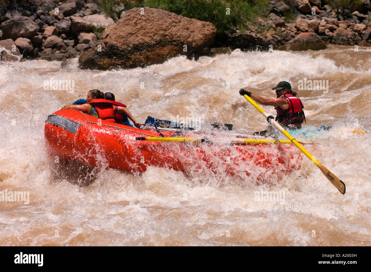 Rafters row through LAVA FALLS RAPID a Class 9 on the Colorado River at ...