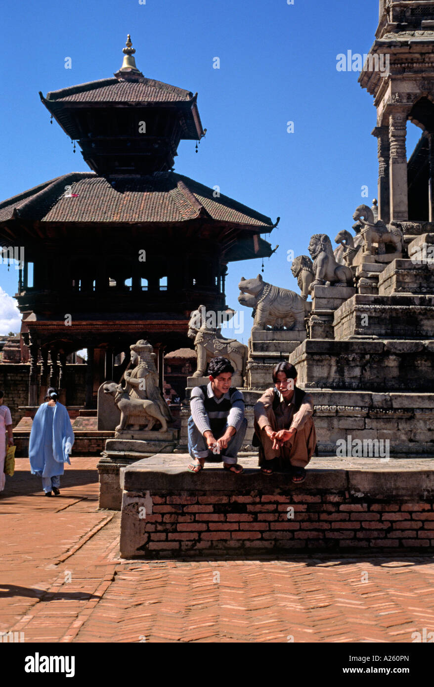 Stone animals gaurd this stone shikhara a temple to Durga BHAKTAPUR ...