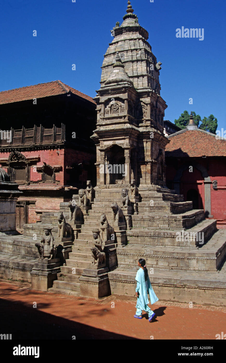 Stone animals gaurd this stone Shikhara a temple to Durga BHAKTAPUR ...