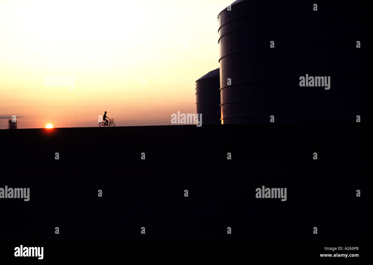 Silhouette of a man riding his bike around oil field tanks at sunrise ...