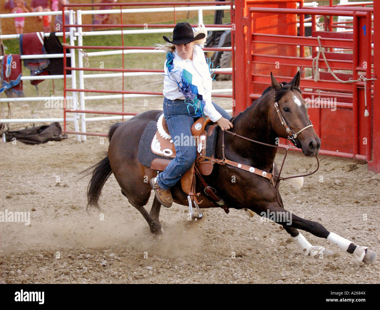 Female cowboy Compete in Rodeo Barrel Competition Stock Photo - Alamy