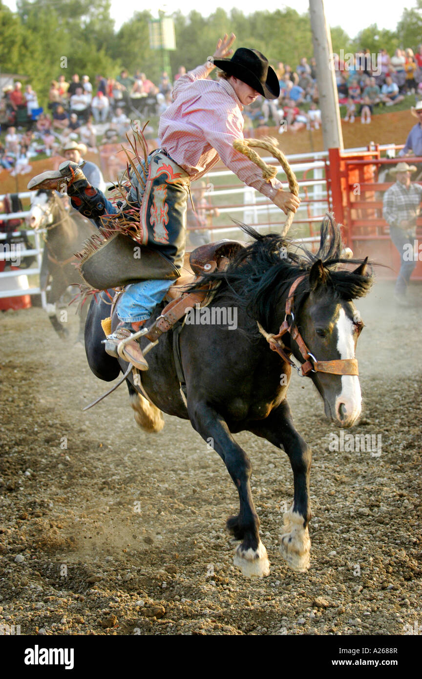 Cowboys bronc riding a horse compete in Rodeo action Stock Photo - Alamy