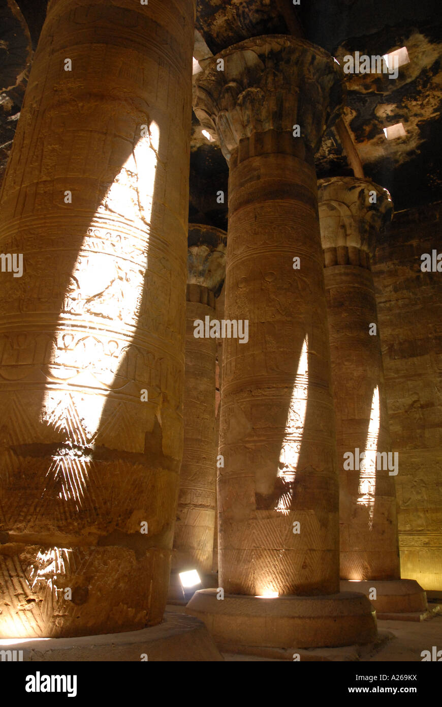 Daylight filtering through the roof of Horus Temple, Edfu Stock Photo ...