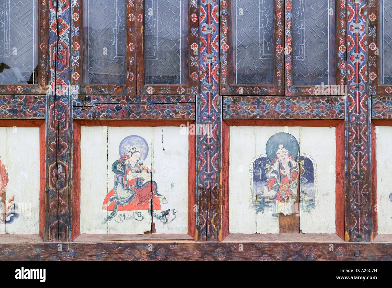 Traditional painting on an outside wall of the Gangtey Gompa monastery ...