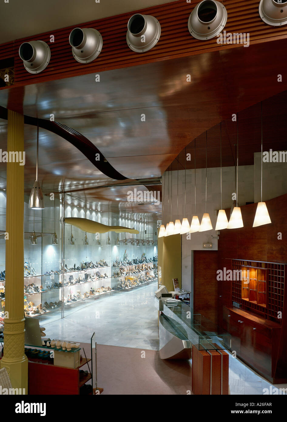 View of an illuminated store with wooden ceiling Stock Photo - Alamy