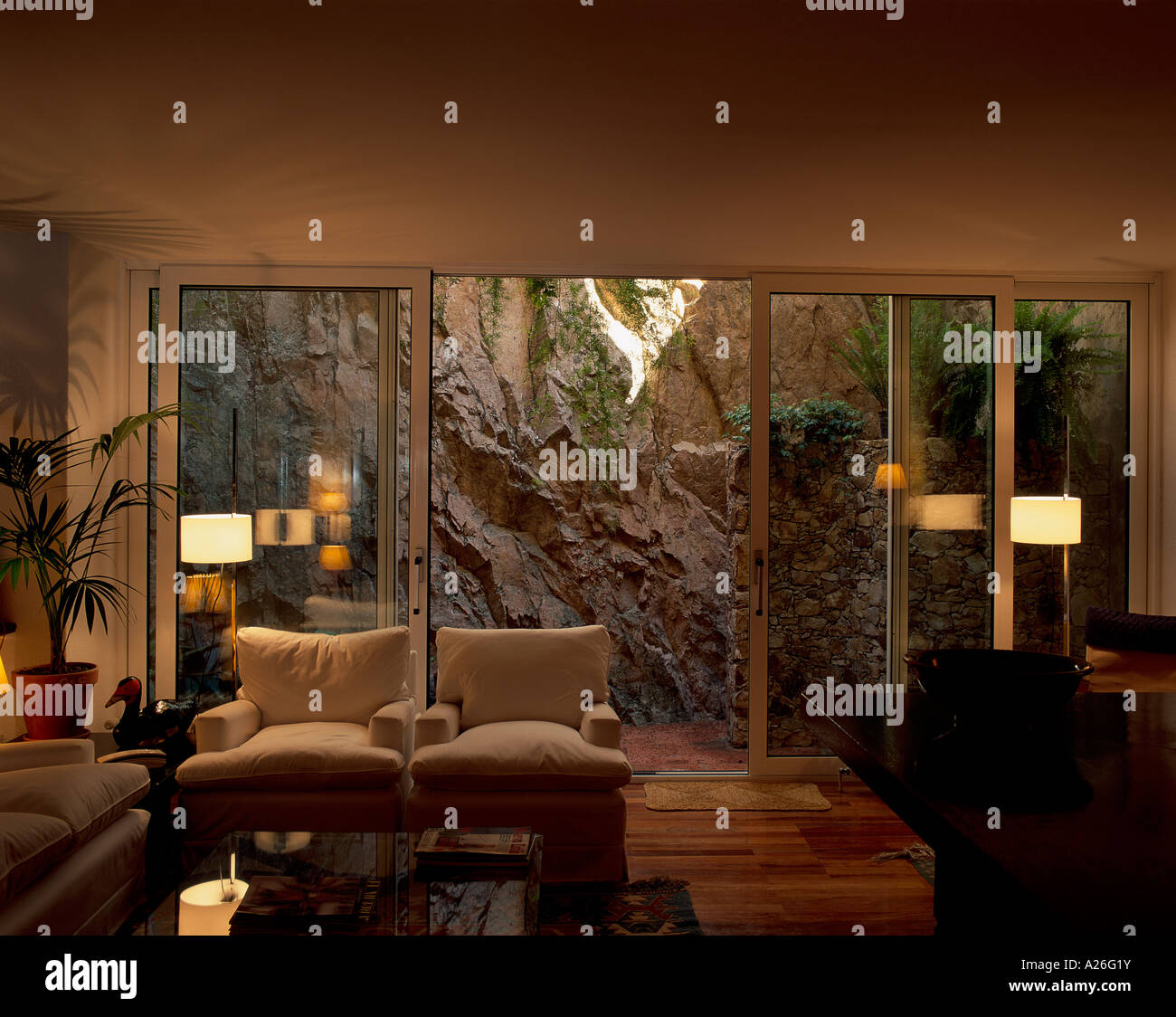 View of an elegant living room with comfortable lounge chairs Stock ...