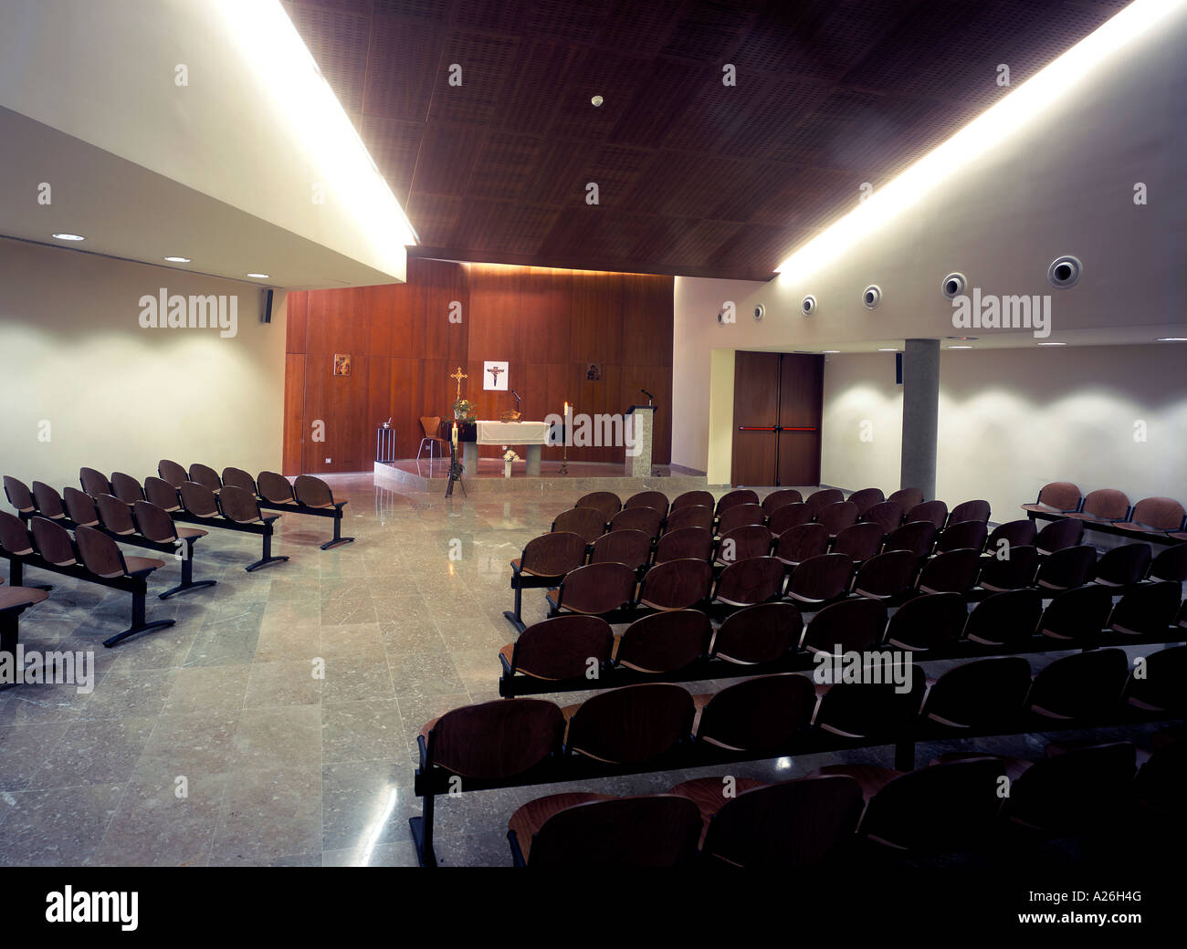View of eclectic seating arrangement inside an assembly hall Stock ...
