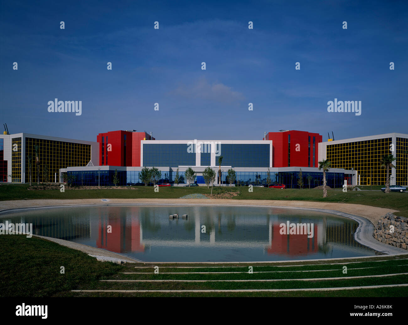 View of a water feature in front of commercial buildings Stock Photo ...