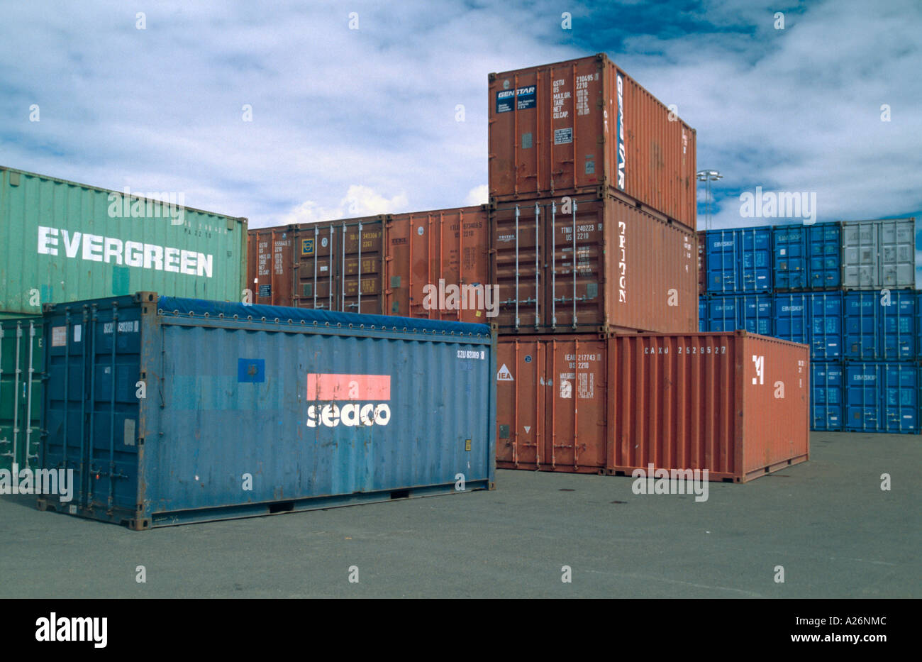Harbour with Freight Ship Containers Stock Photo - Alamy