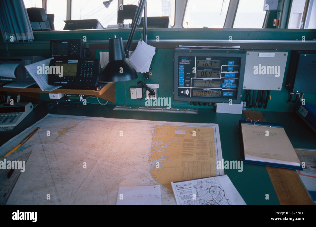 Navigation Desk on the Bridge of a Container Freigt Ship Stock Photo ...