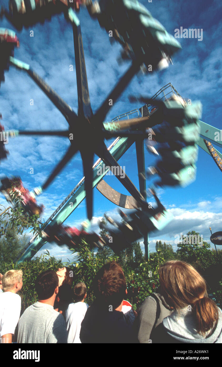 Visitors in queue watch Vortex ride at Thorpe Park adventure centre ...