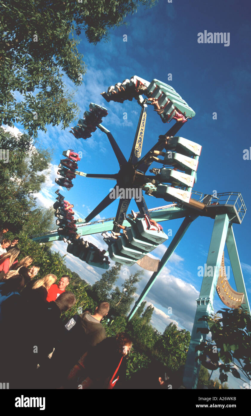 Visitors in queue watch Vortex ride at Thorpe Park adventure centre ...