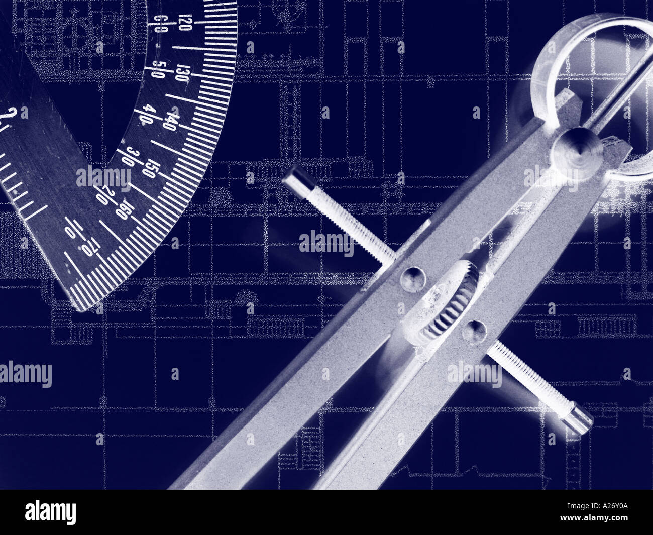 Protractor Compass and Blueprint Stock Photo - Alamy