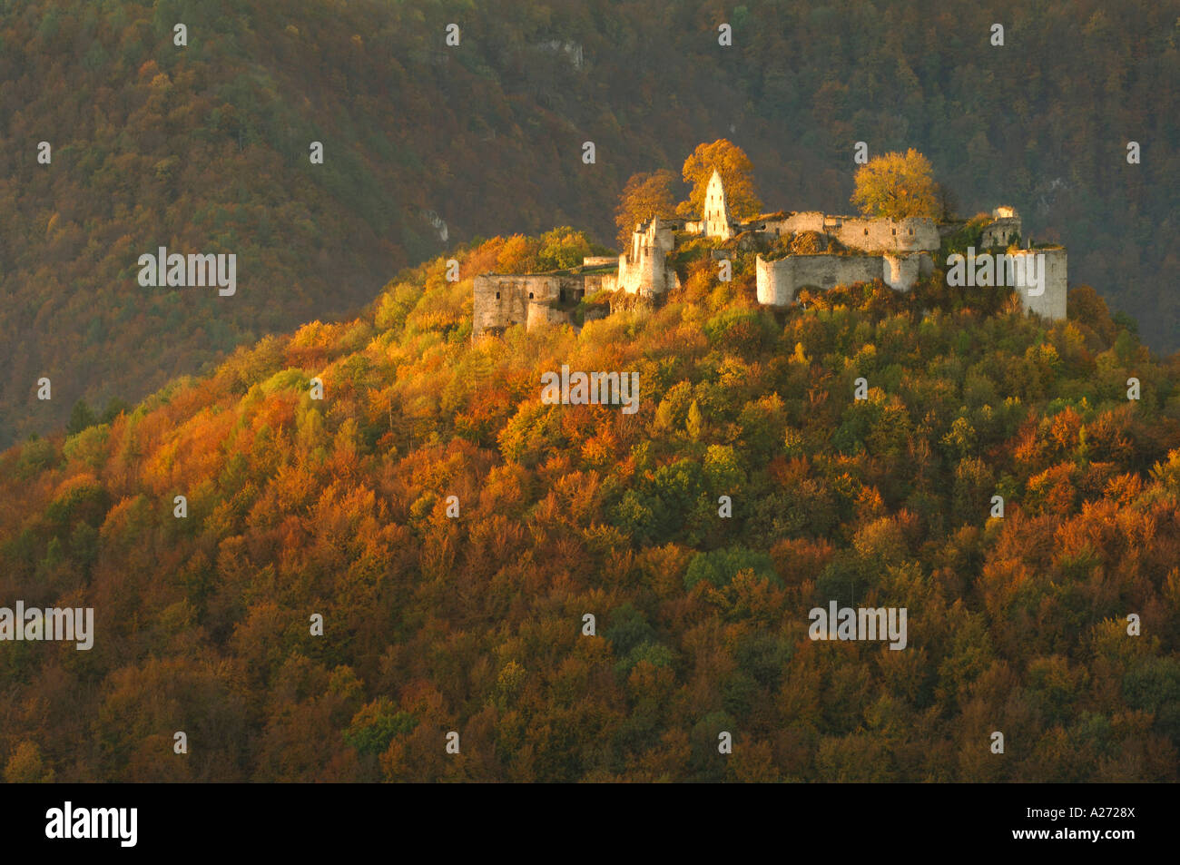 Castle ruin Hohenurach in first autumn light Swabian Alb Baden ...