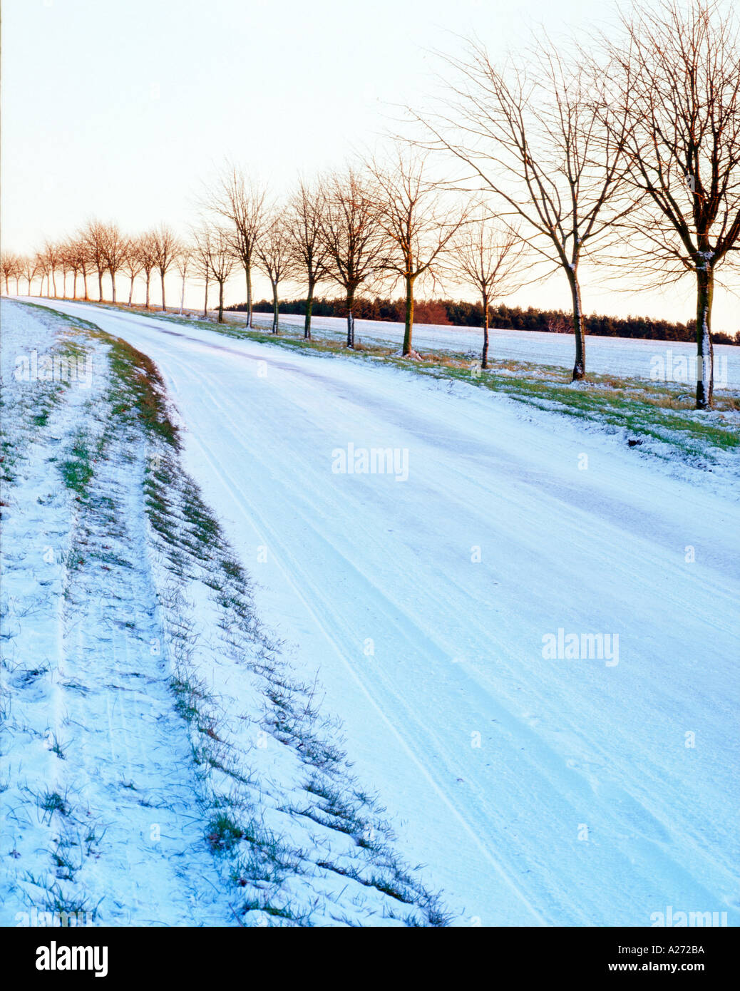 Snow Covered Road Norfolk England UK Stock Photo - Alamy