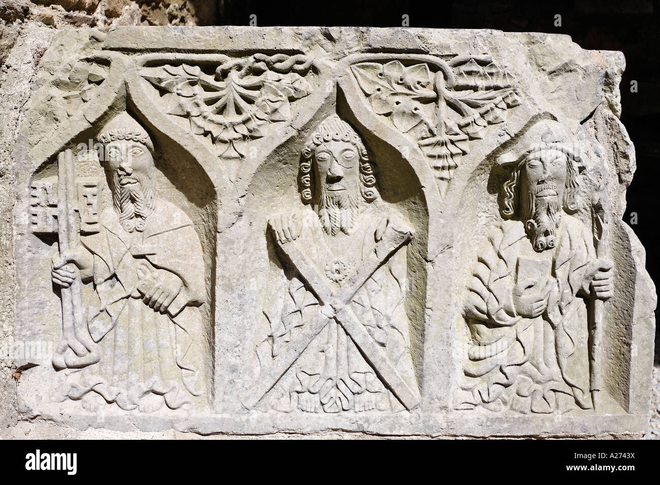Stone reliefs on a tomb in the cistercian Jerpoint Abbey, Thomastown ...