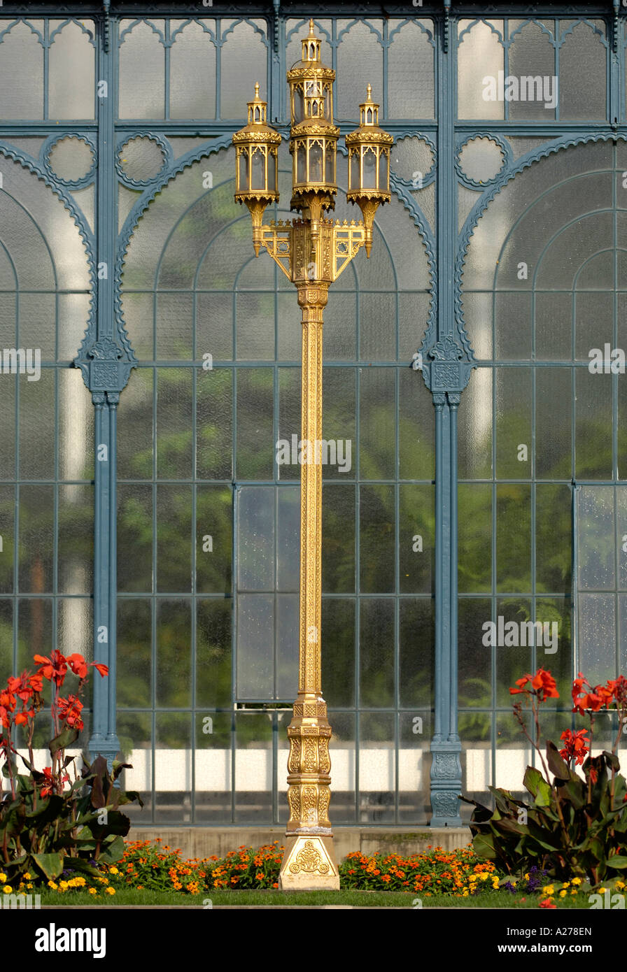 Lamp post in front of green house in Wilhelma (zoo) Stuttgart, Baden ...