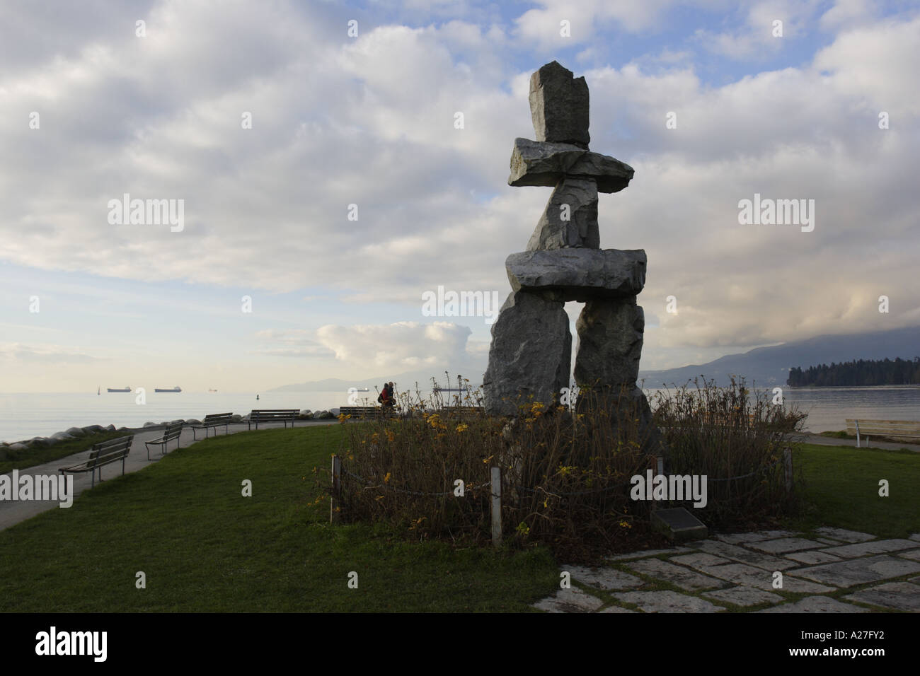 An Inukshuk stone sculpture at English Bay Beach Vancouver British ...