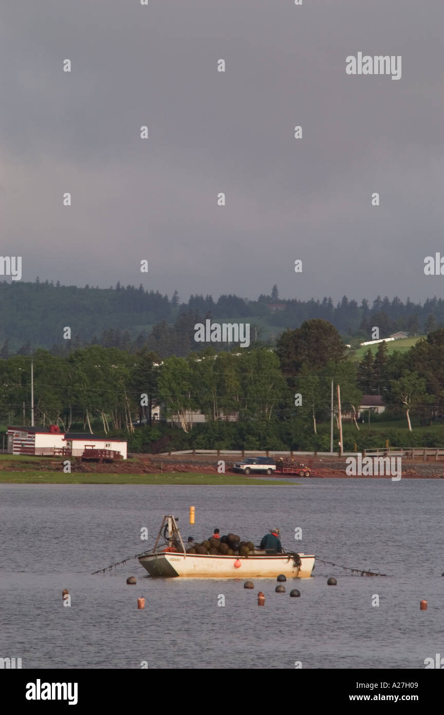 Mussel boat and crew buoys up the lines Prince Edward Island Canada ...