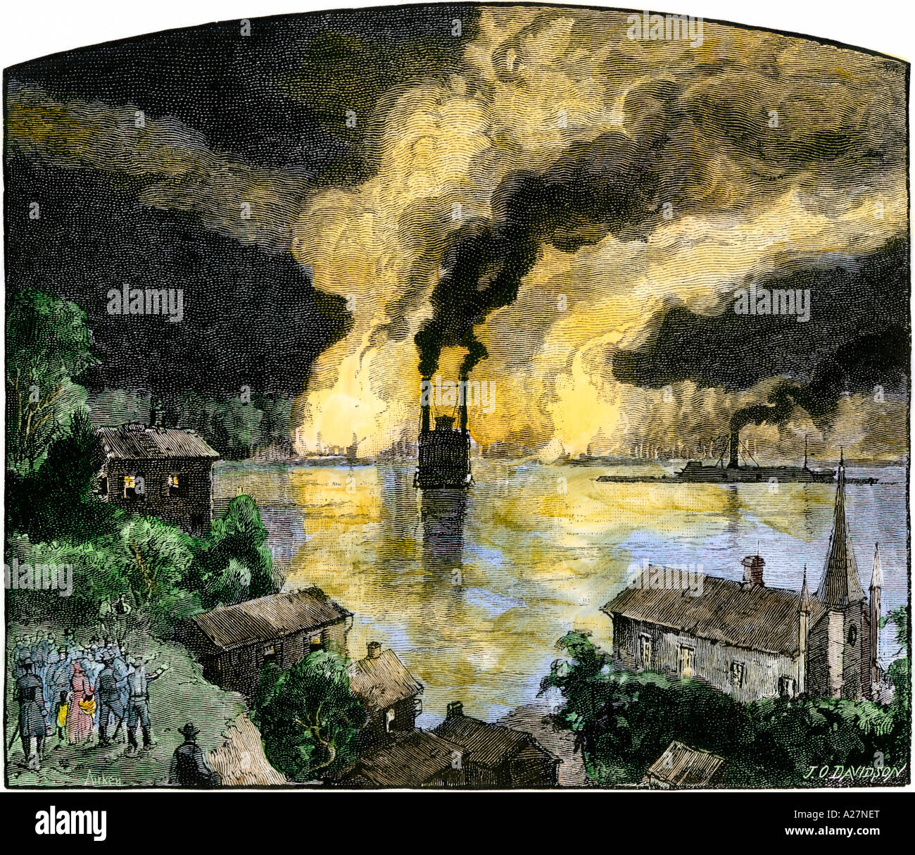 Union gunboats and steamships passing the Confederate stronghold at ...