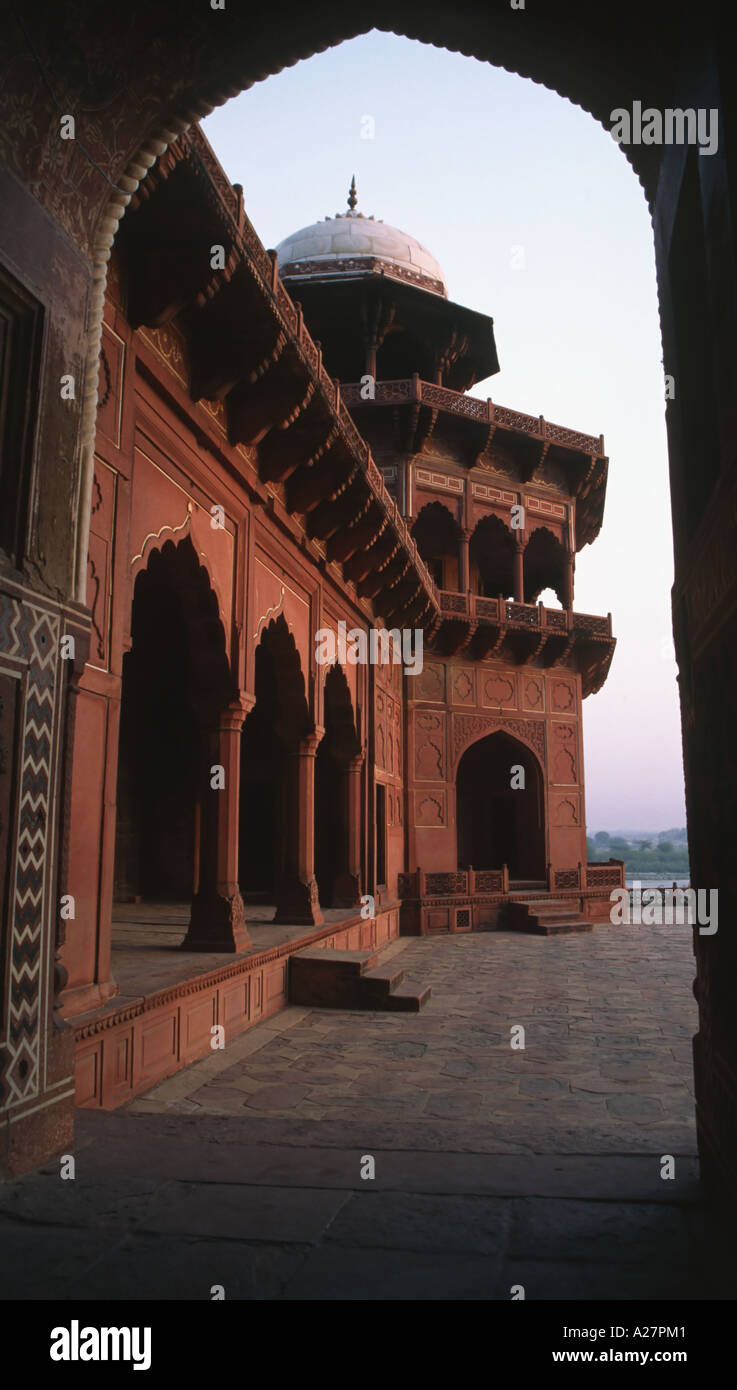 Detail of red mosque of the Taj Mahal in Agra India through archway ...
