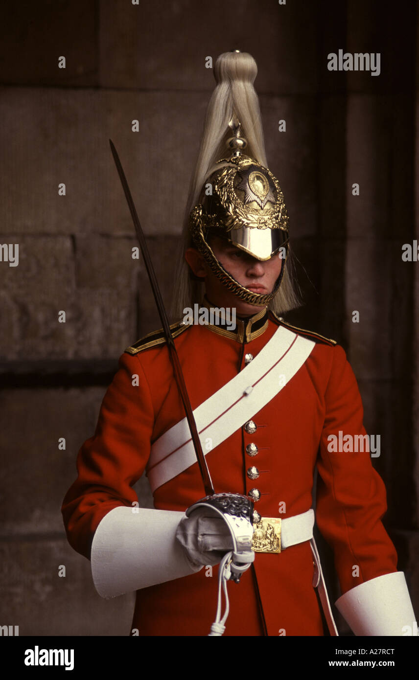 Member of the Household Cavalry on guard duty in full uniform with ...