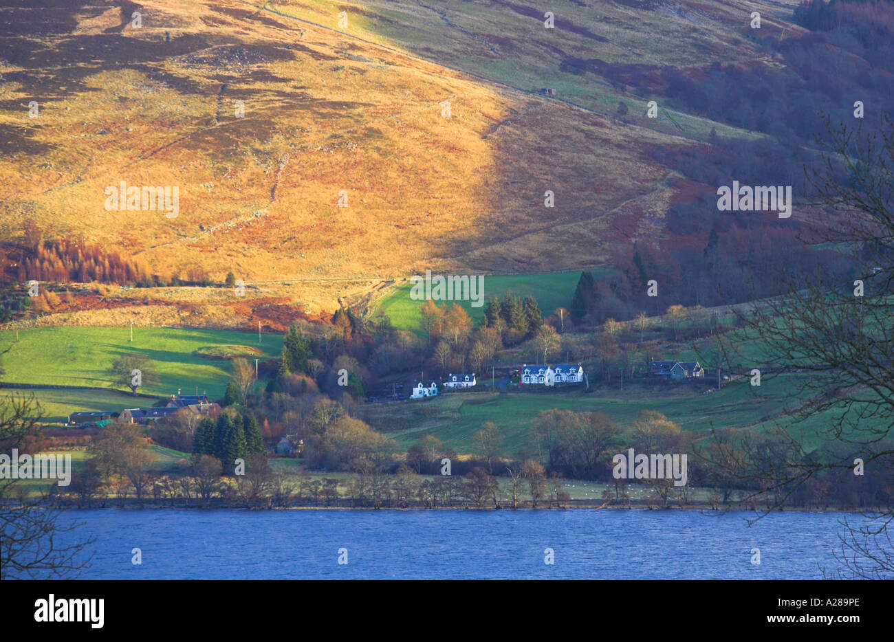 Sunset on a small scottish community on the shores of Loch Tay ...