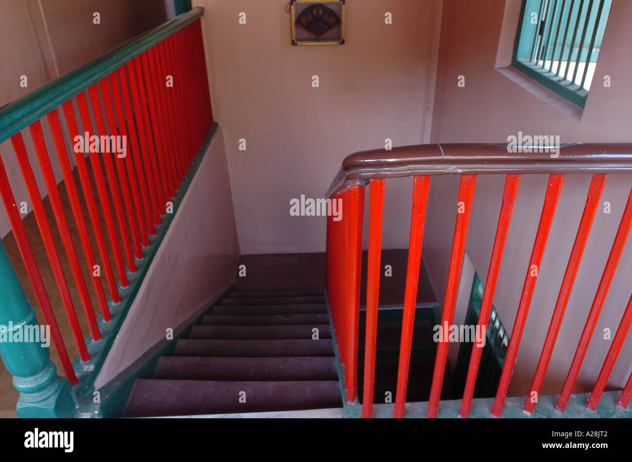 Chinese temple interior staircase railing, Mazgaon Mumbai Maharashtra ...
