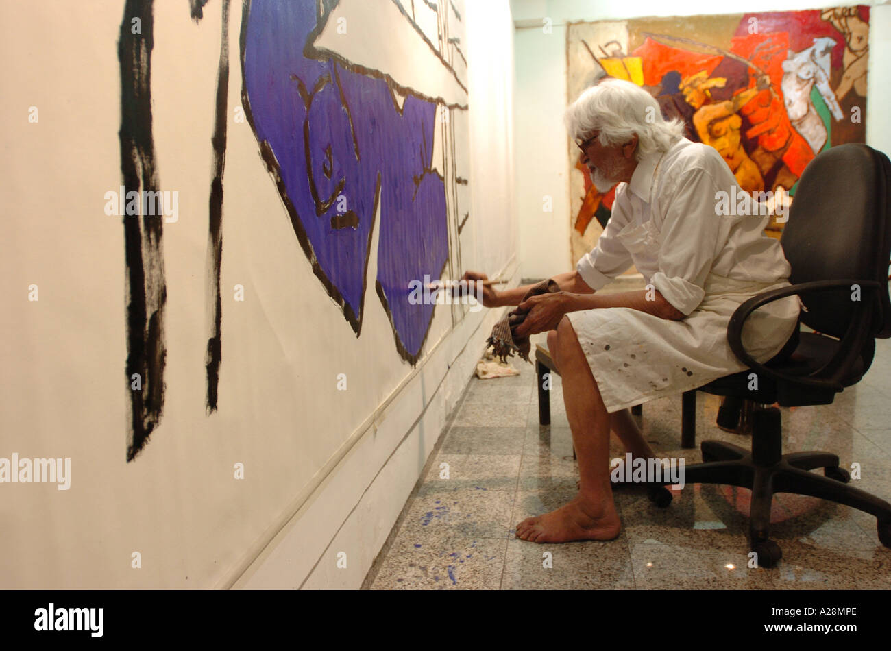 Maqbool Fida Husain, M. F. Husain, Indian painter, painting at Pundole ...