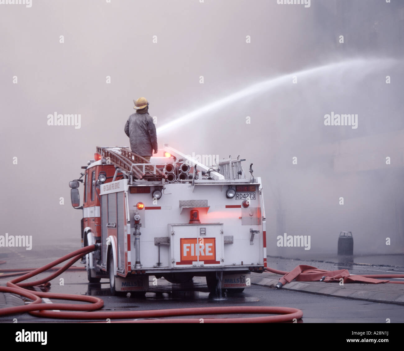 Fire Brigade fighting office building fire, Christchurch, Canterbury ...