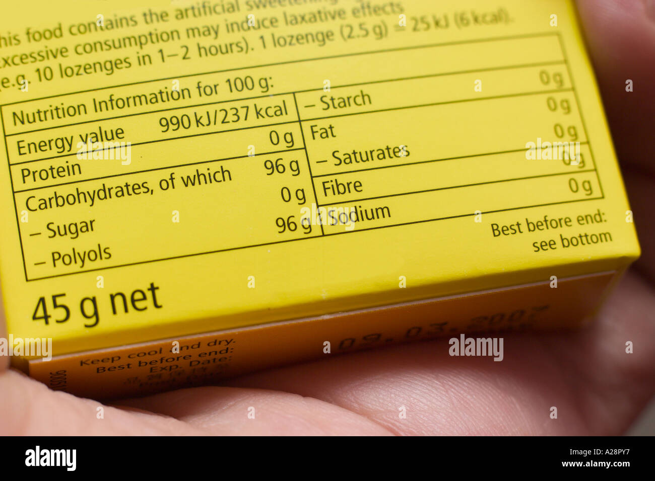 close up of a nutritional facts label for a packet of lozenges Stock ...