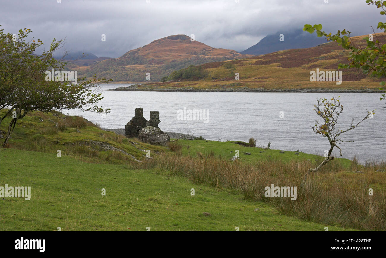 Loch Spelve with ruined cottage near Croggan, Isle of Mull, Argyll ...