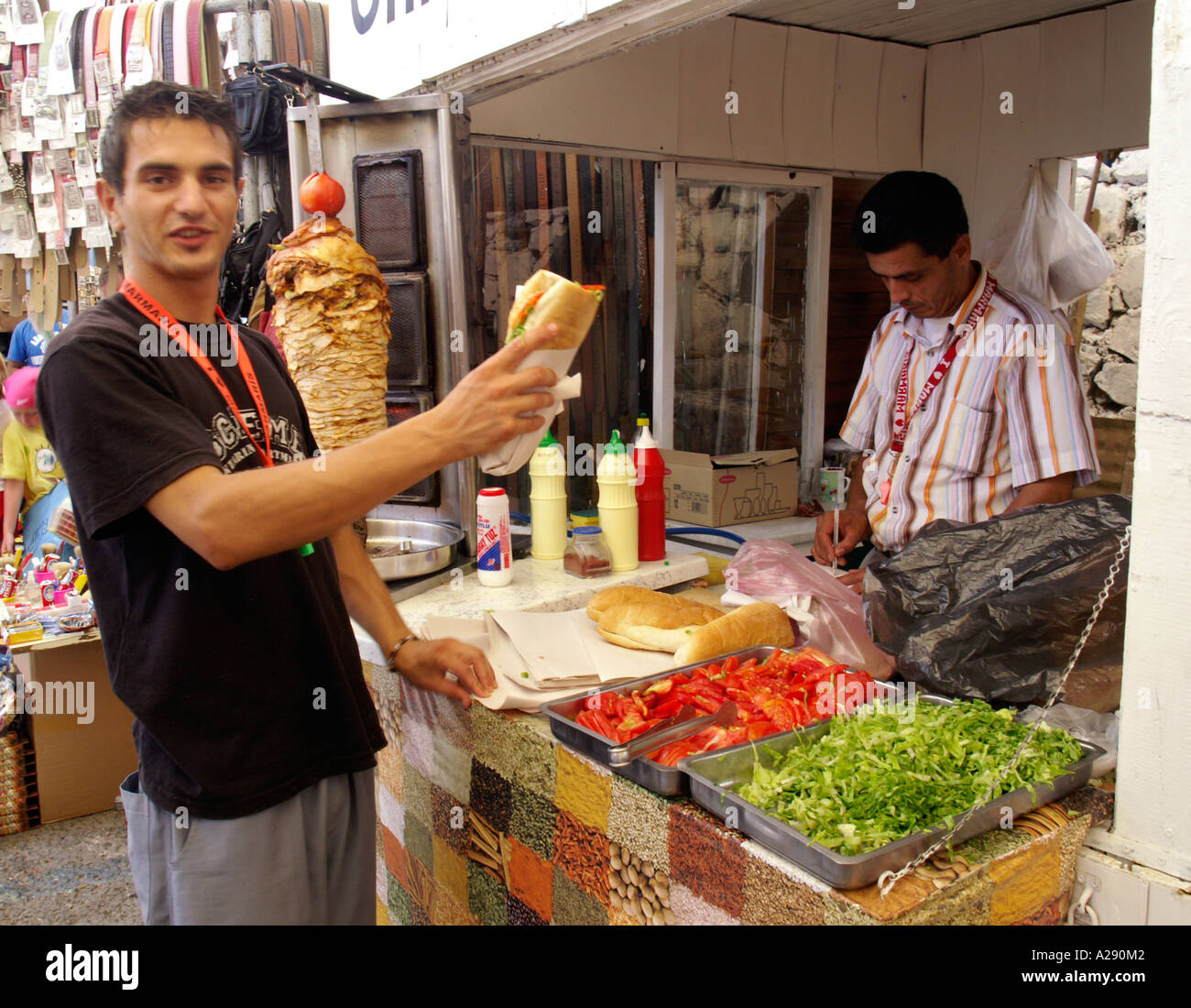 Stall selling kebabs at Içmeler market near MARMARIS Turkey Stock Photo ...