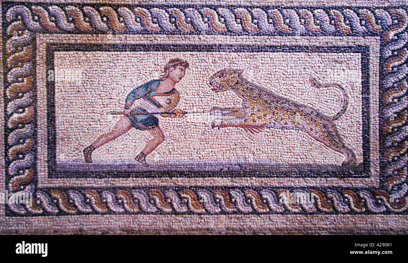 Mosaic depicting a gladiator fighting a leopard inside Grand Masters ...